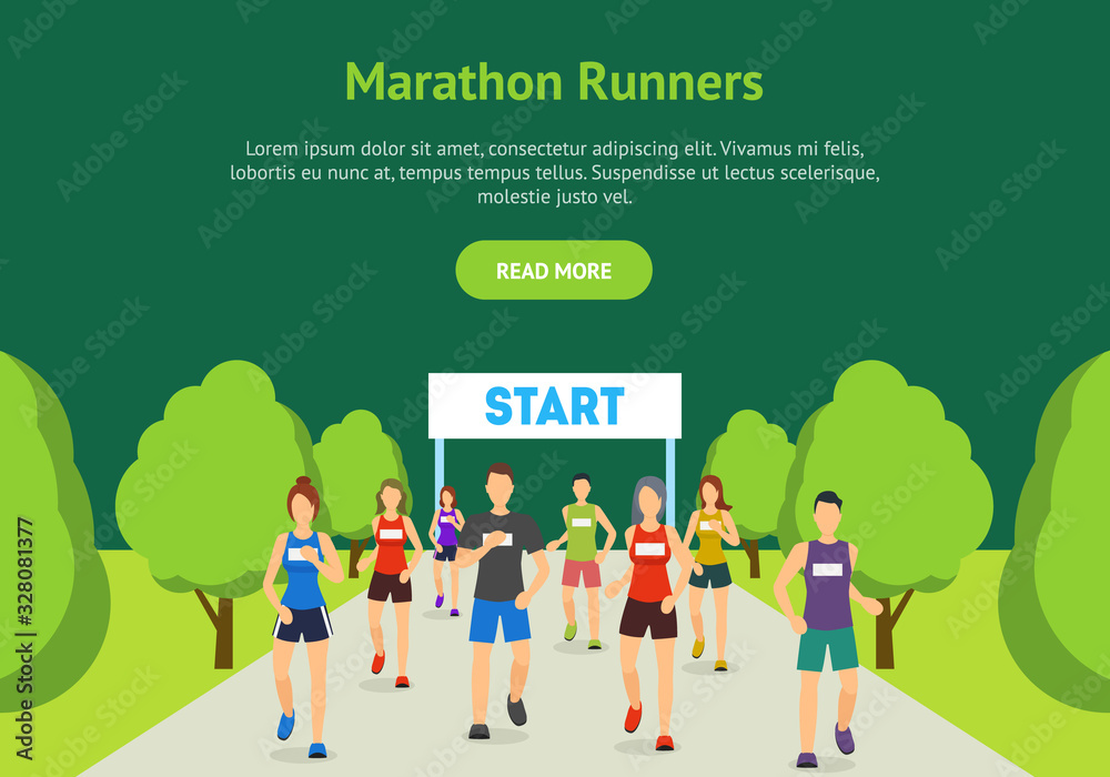 Cartoon Marathon Runners on Track in Park Card Poster. Vector Stock ...