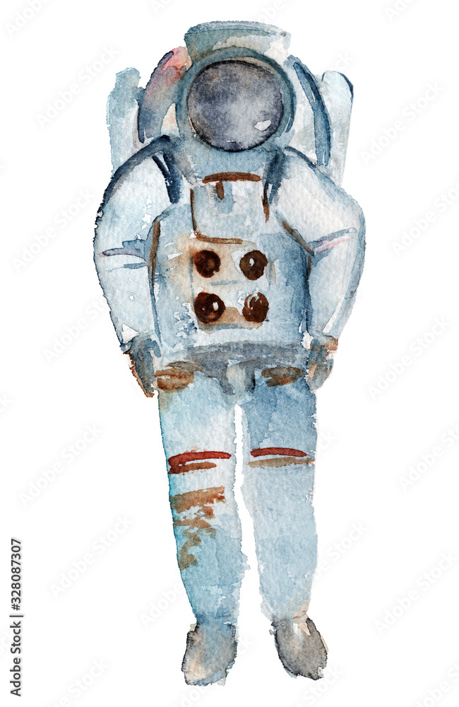 Watercolor cosmonaut illustration. Hand drawn astronaut in spacesuit ...