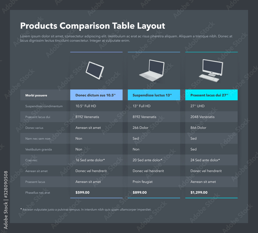 Products comparison table layout with place for description - dark ...
