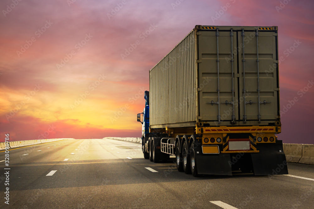 Cargo Truck driving on highway road with container, transportation ...