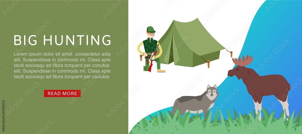 Hunting sport open season in forest with tent, hunter man, riffle and ...