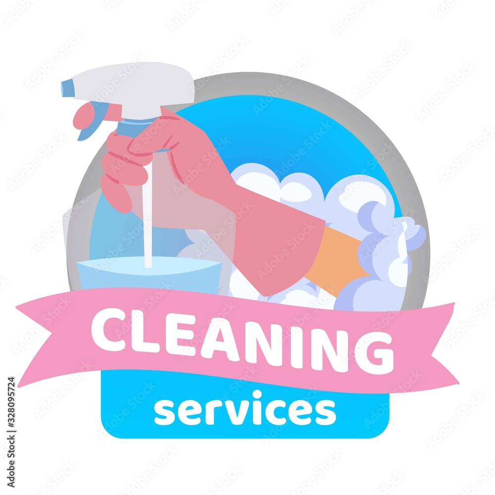 Cleaning service badge with detergent spray in hand cartoon vector ...