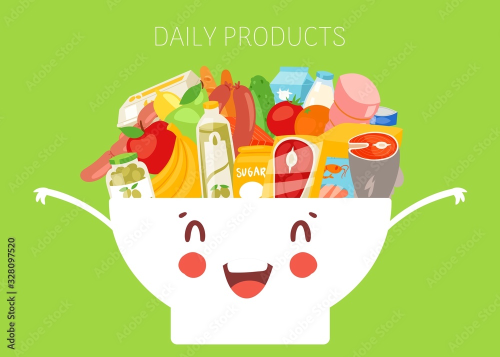 Kids daily menu products in cute bowl, meal for every day healthy food ...