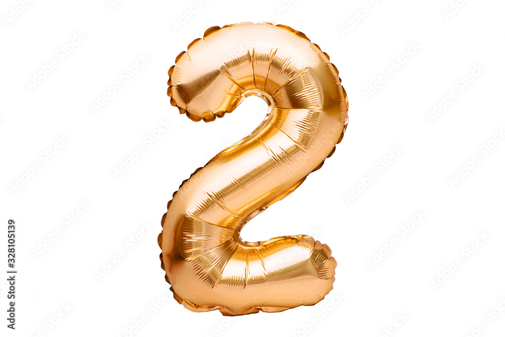Number 2 two, made of golden inflatable helium balloon. Gold foil ...
