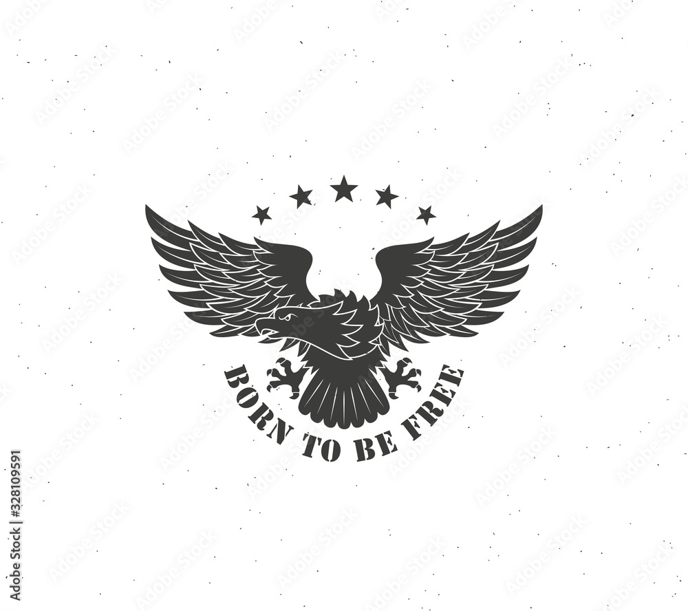 Black and white eagle with text and stars on a white background with ...