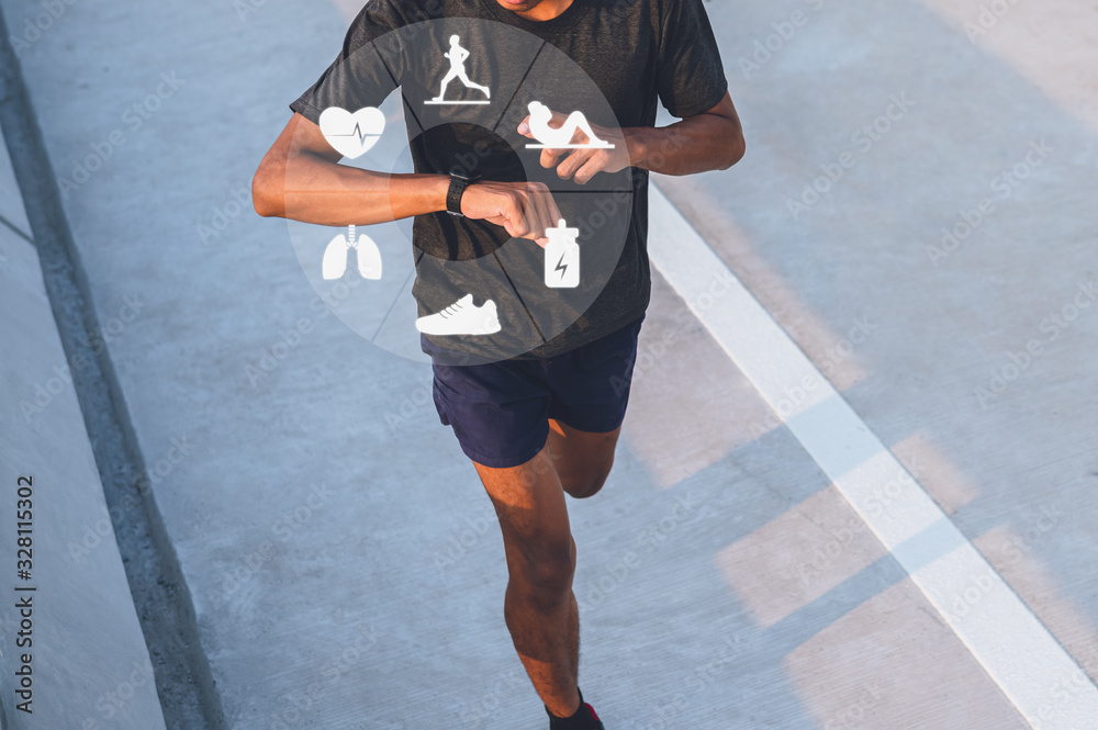 Running man with smart watch. Concept of The technology to check health ...
