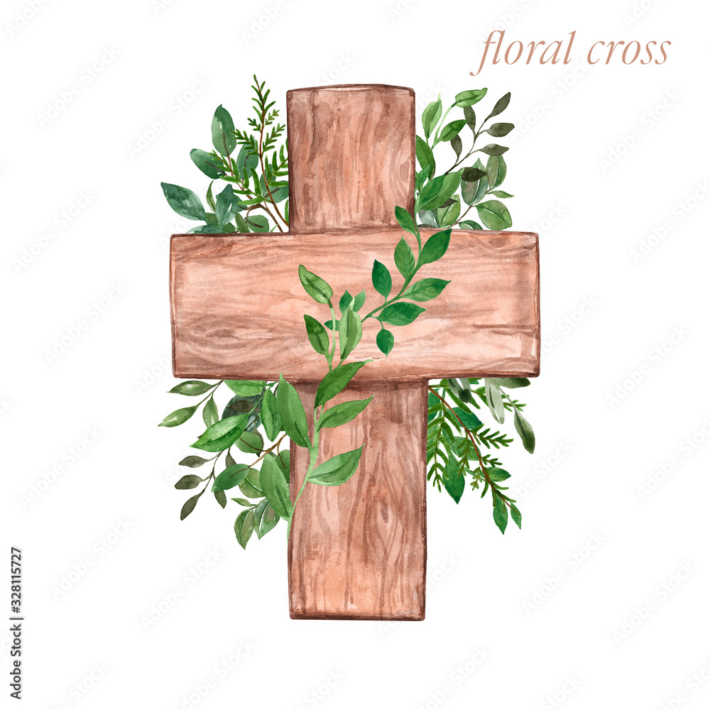 Watercolor hand painted Easter cross with leaf, greenery foliage,stems ...