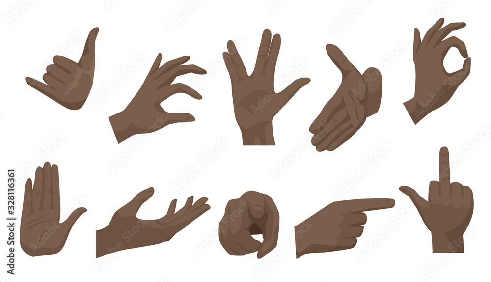 Vector flat style set of various black african american human hands ...