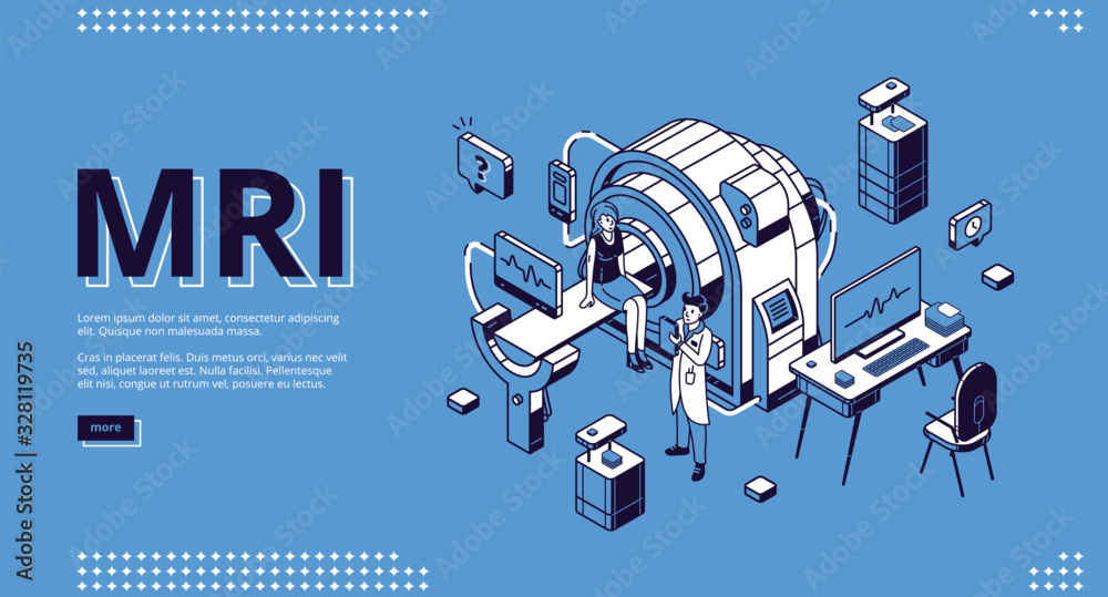 Mri scanner with patient and doctor isometric landing page. Woman in ...