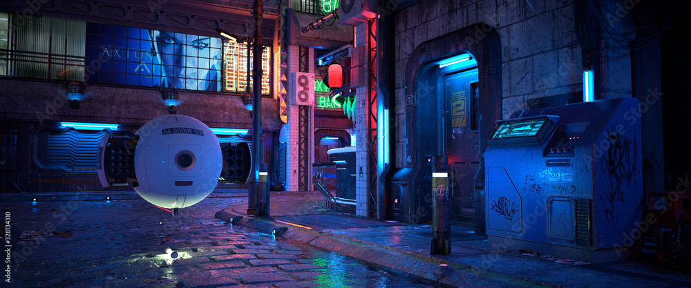Bright neon night in a cyberpunk city. Photorealistic 3D illustration ...