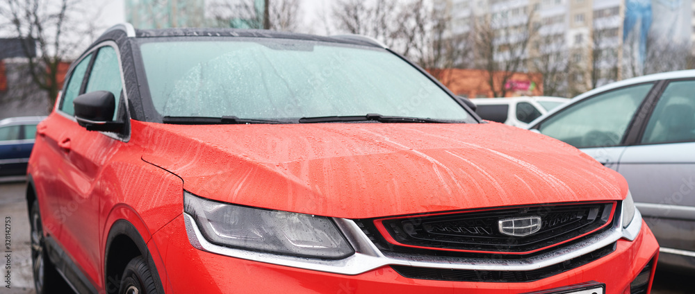 Minsk, Belarus - Mar 2020. Red Geely Coolray SX11 front view of new ...