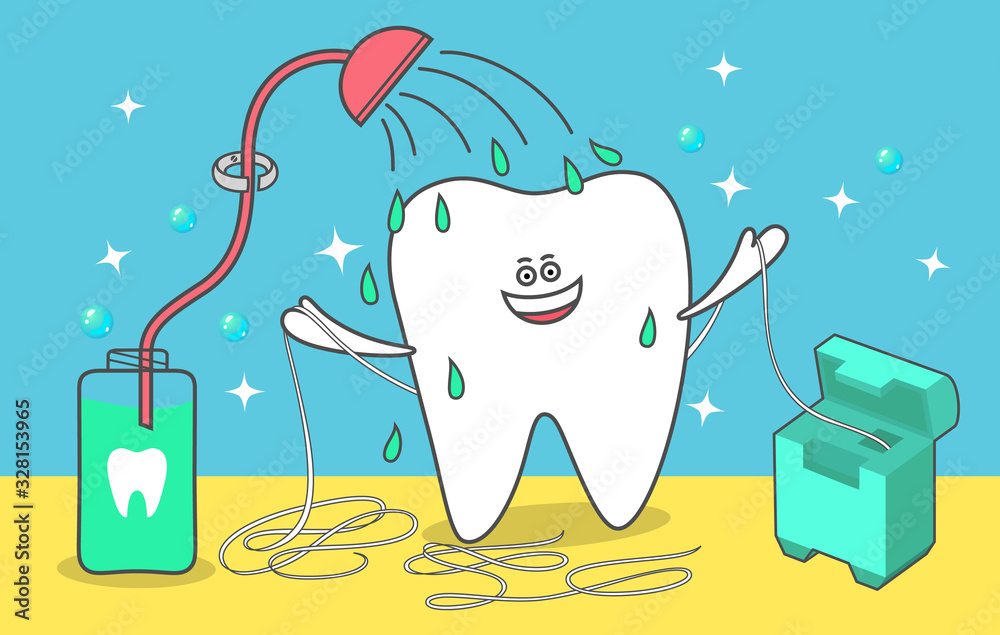 Cartoon tooth is taking a shower with a mouthwash and dental floss ...