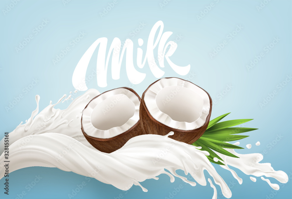 Realistic Bursts of Milk and Coconuts on a Blue Background. Milk ...