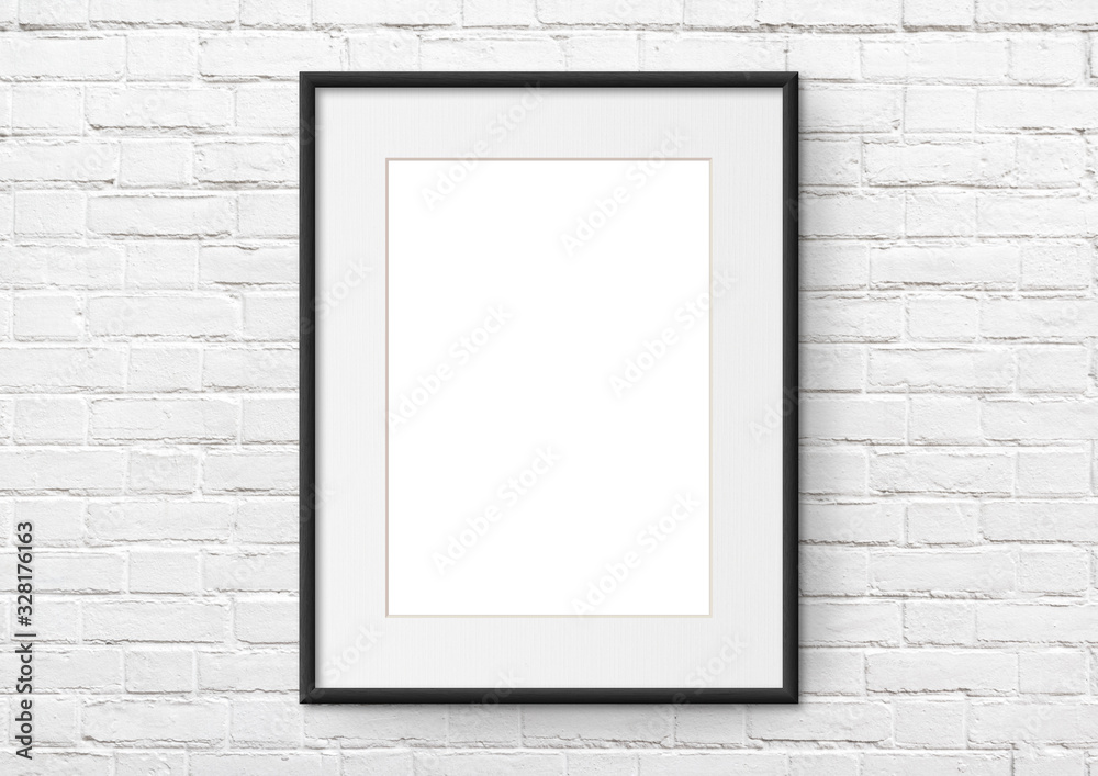 Empty frame. Blank black mounted portrait frame on white brick wall ...