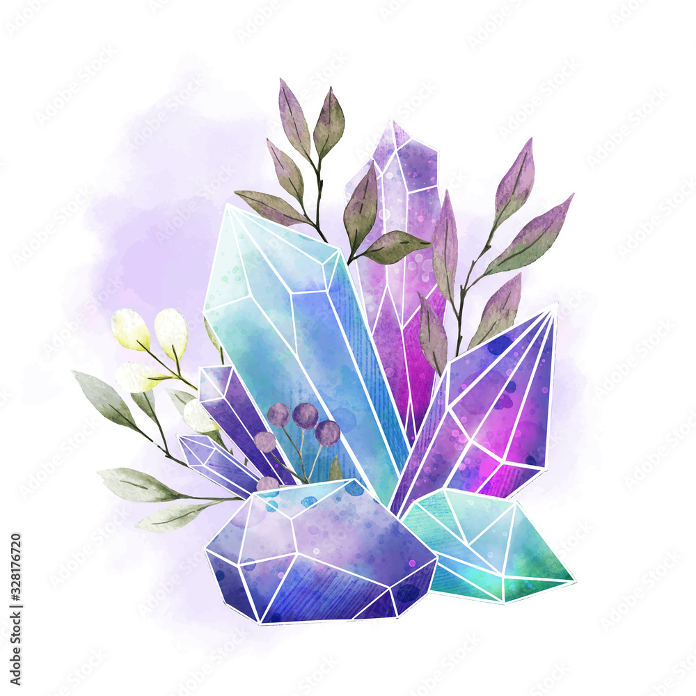 Watercolor gems, crystals and leaves, hand drawn watercolor Stock ...