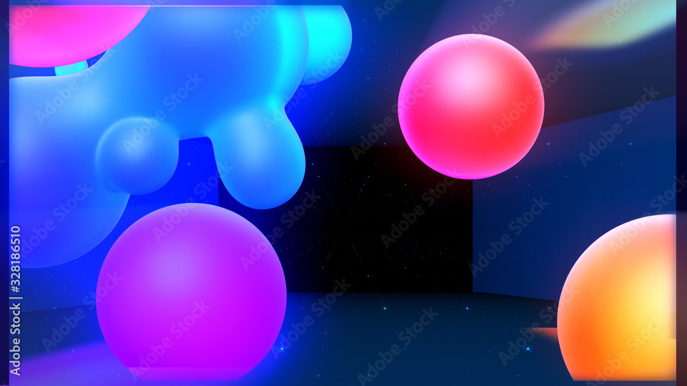 Spheres or balls in room merge like liquid wax drops or metaballs in-air. Liquid gradient of ...