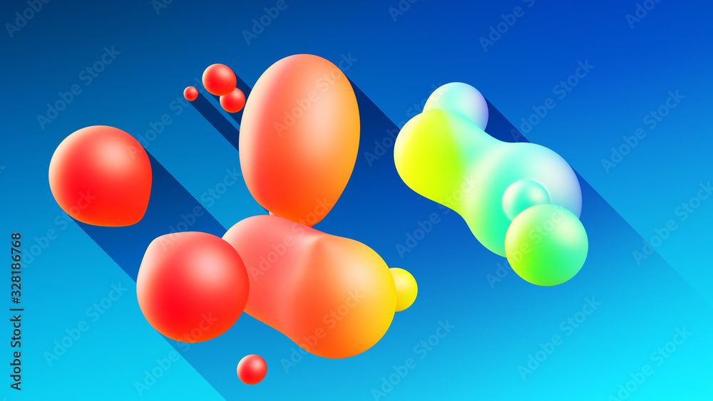 Spheres or balls merge like liquid wax drops or metaballs in-air. Liquid gradient of rainbow ...