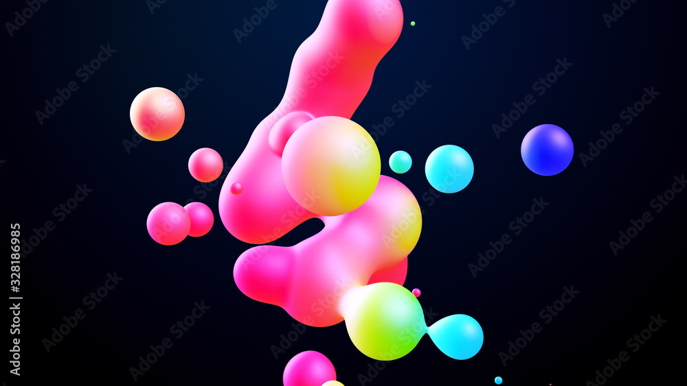 Spheres or balls merge like liquid wax drops or metaballs in-air. Liquid gradient of rainbow ...