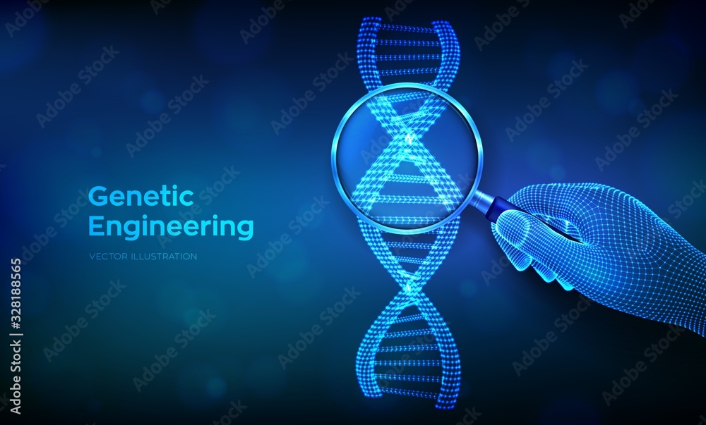 Genetic engineering concept with magnifier in hand and DNA sequence ...