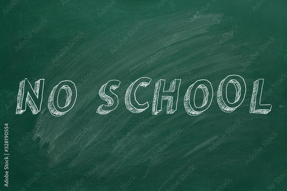 Hand drawing and animated text "NO SCHOOL" and graduation caps on green ...