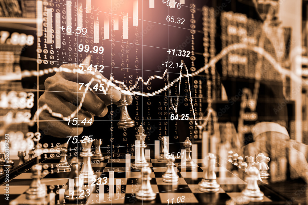 Chess game on chess board on stock market or forex trading graph chart ...