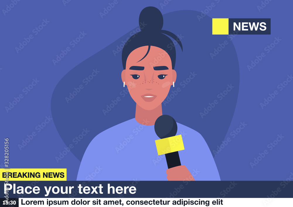 Breaking news, Young female reporter holding a microphone, Mockup, Copy ...