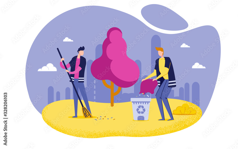 Men Characters Cleaning up Trash in Park Cartoon Flat Vector ...