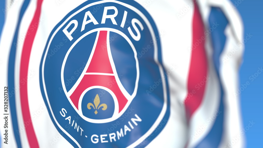 Flying flag with Paris Saint Germain football team logo, close-up ...