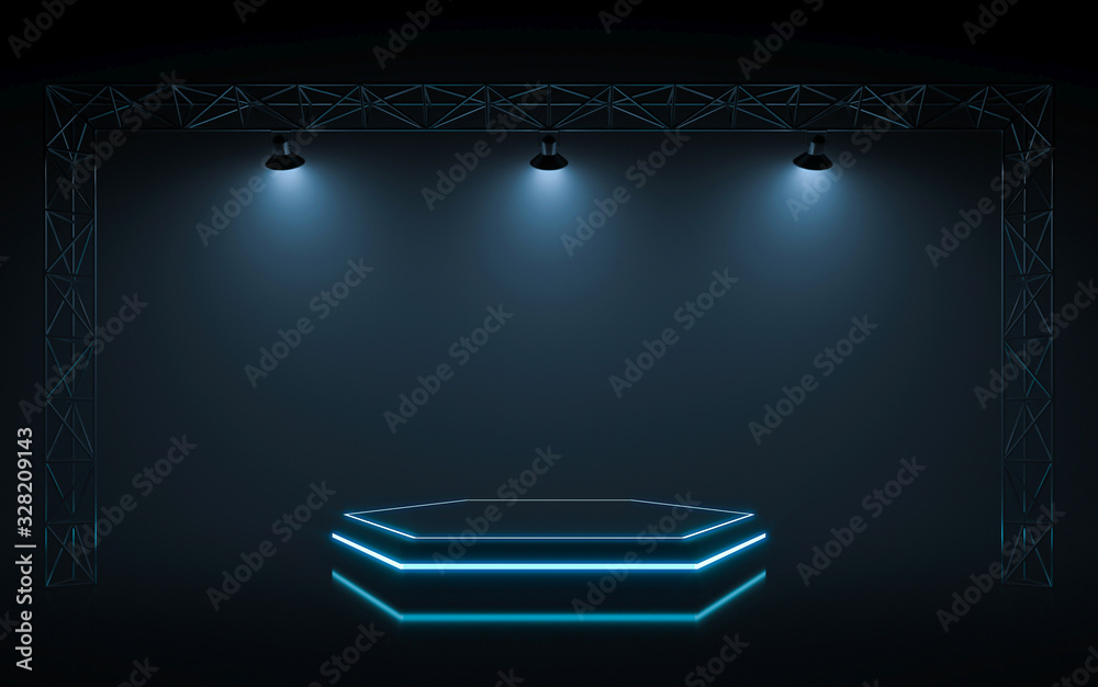 Neon stage with spotlight background. 3d rendering Stock Illustration ...