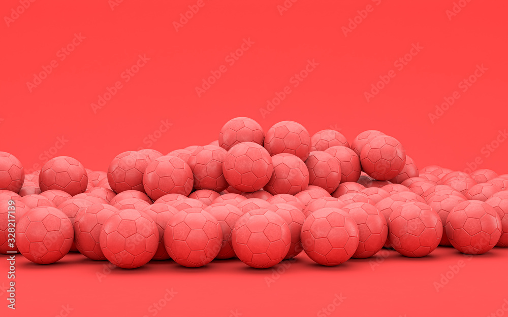 Multiple football balls in flat monochrome red scene, single color, 3d ...