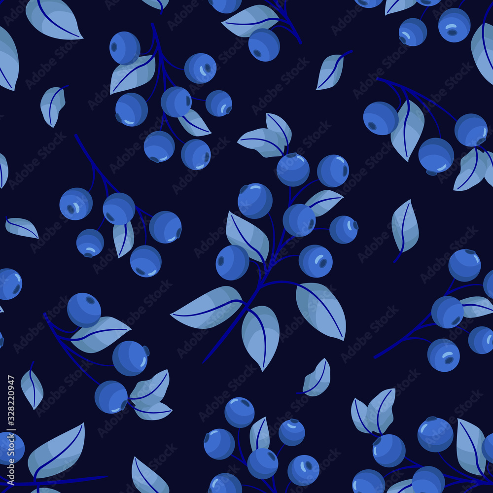 Vector seamless pattern with blueberry twigs on dark blue background ...
