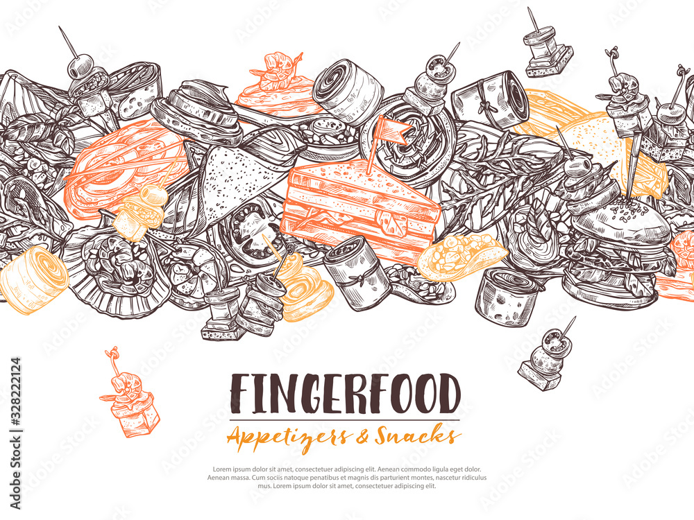 Poster with finger food background, template for website. Snacks ...