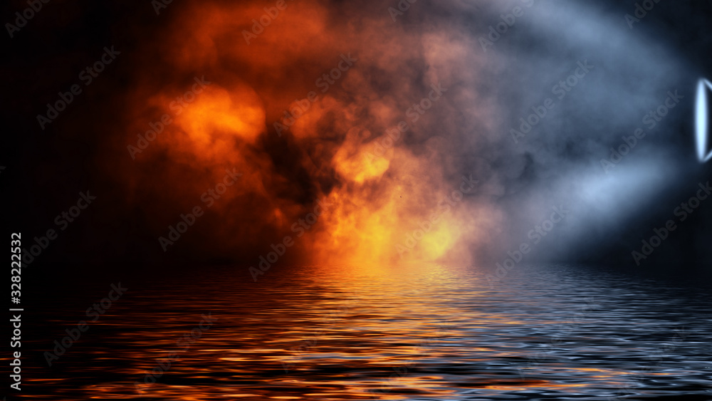 The confrontation of water vs fire. Mystical smoke with reflection on ...