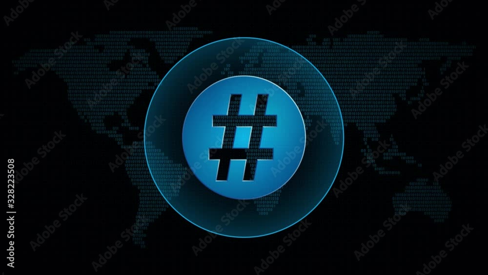Hashtag icon in global map with waves. Technology keyword symbol in ...