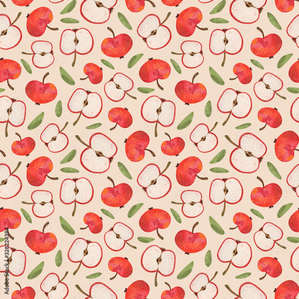 Watercolor seamless pattern with red whole and cut apples. Fruit ...