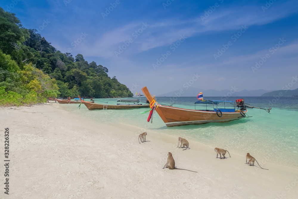 view seaside of many monkeys on white sand beach with long-tail boats ...