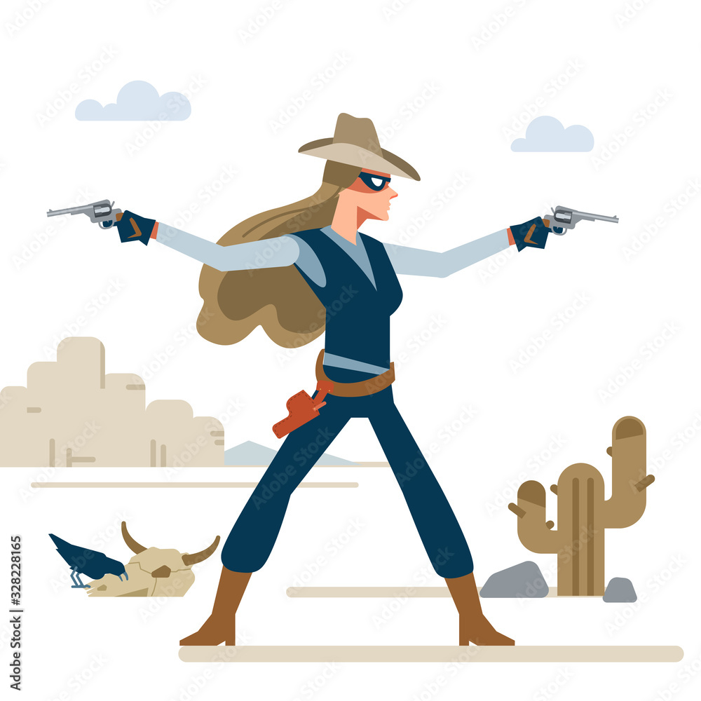 Western cowgirl with two revolvers in a shootout. Cartoon vector ...