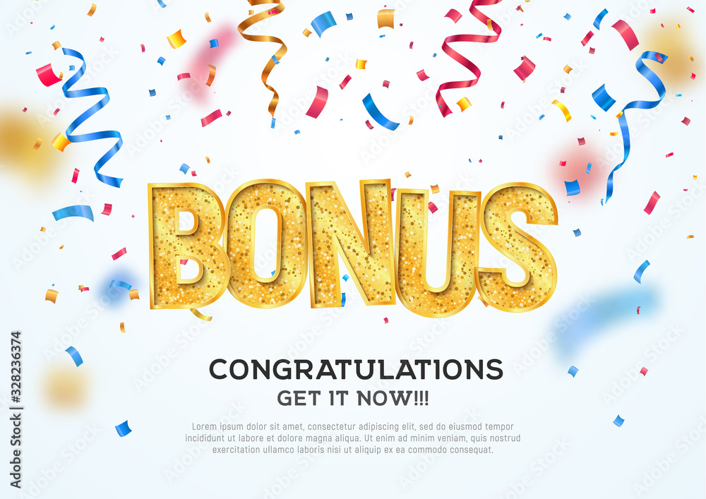 Golden bonus word on falling down confetti background. Winning vector ...