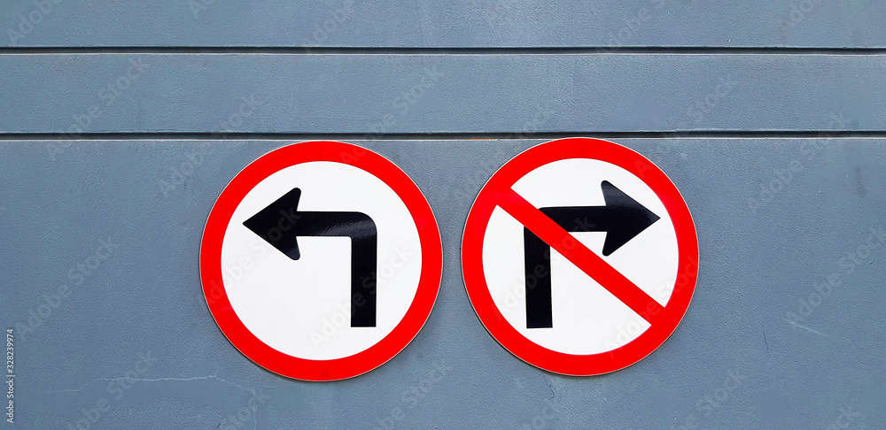 Traffic sign. Allow left turn and no left turn sign on blue, gray or ...