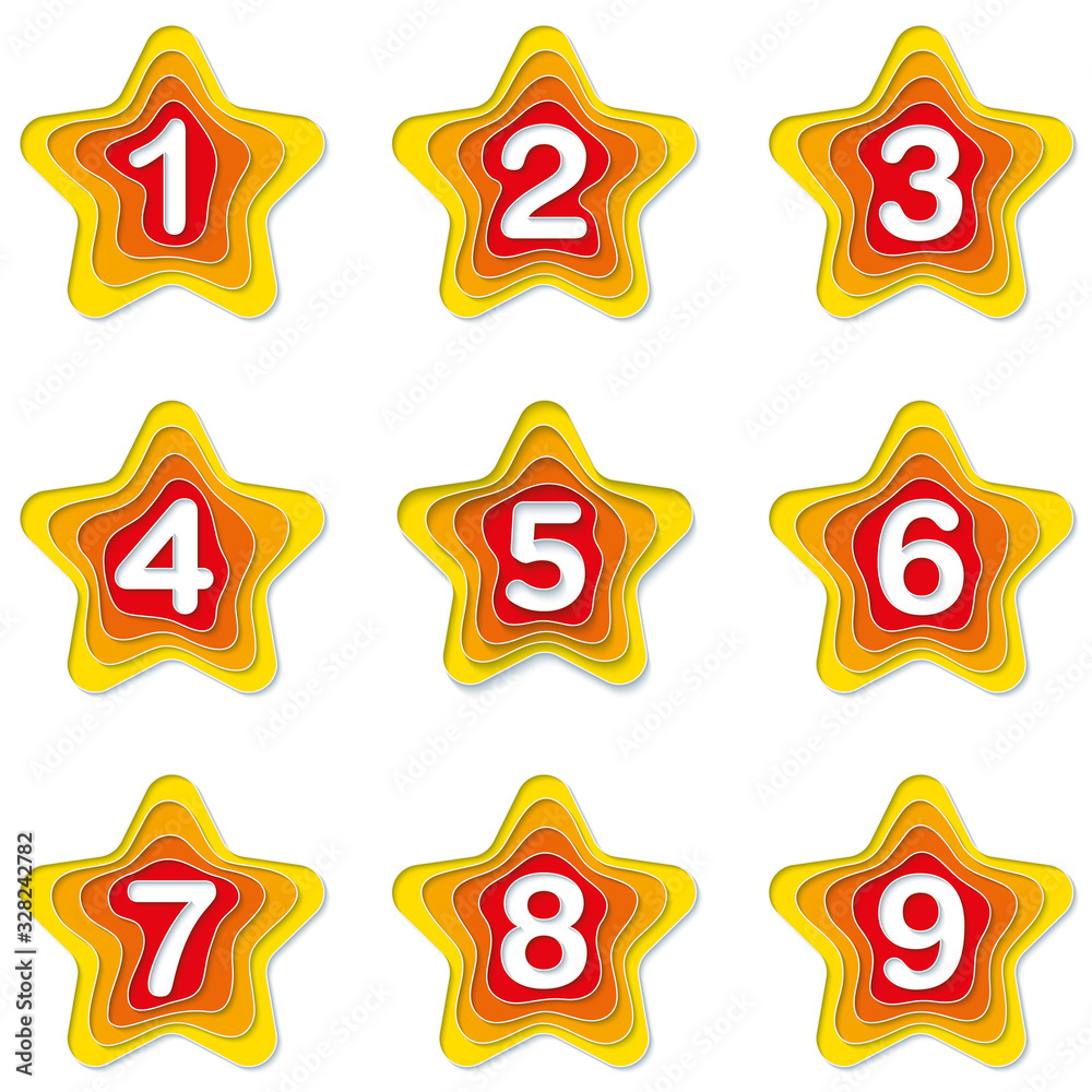 Set of orange star bullet points 1 to 9. Vector 3d number markers in ...