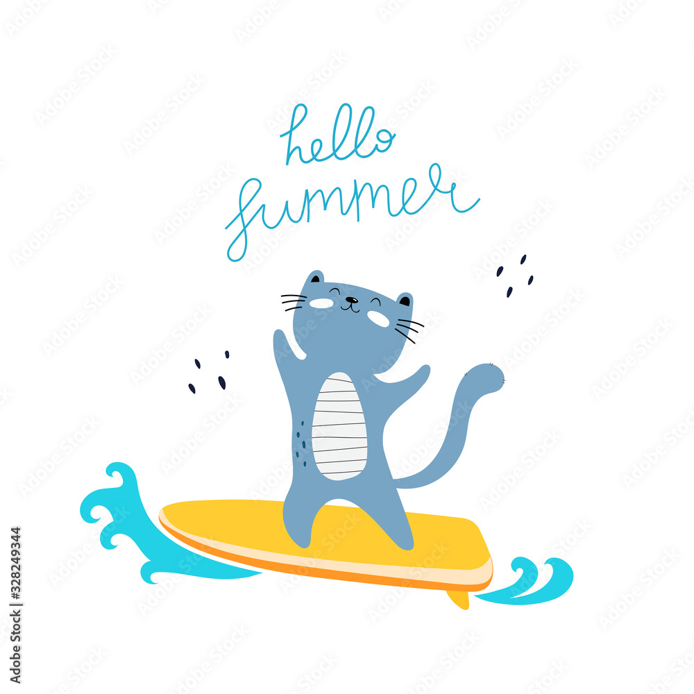 hello summer. cartoon cat on a surfboard, hand drawing lettering, decor ...