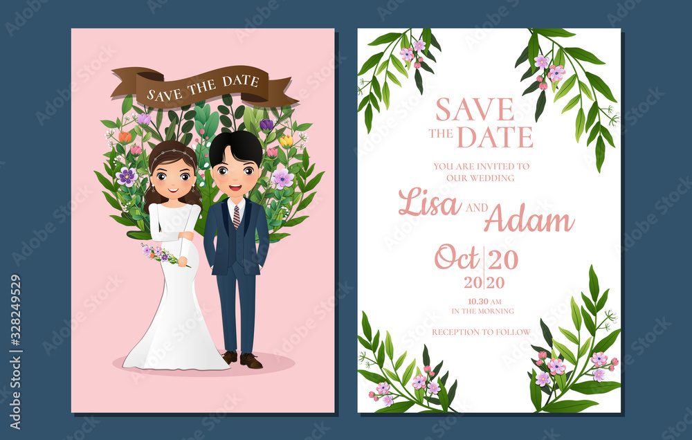 Wedding invitation card the bride and groom cute couple cartoon ...