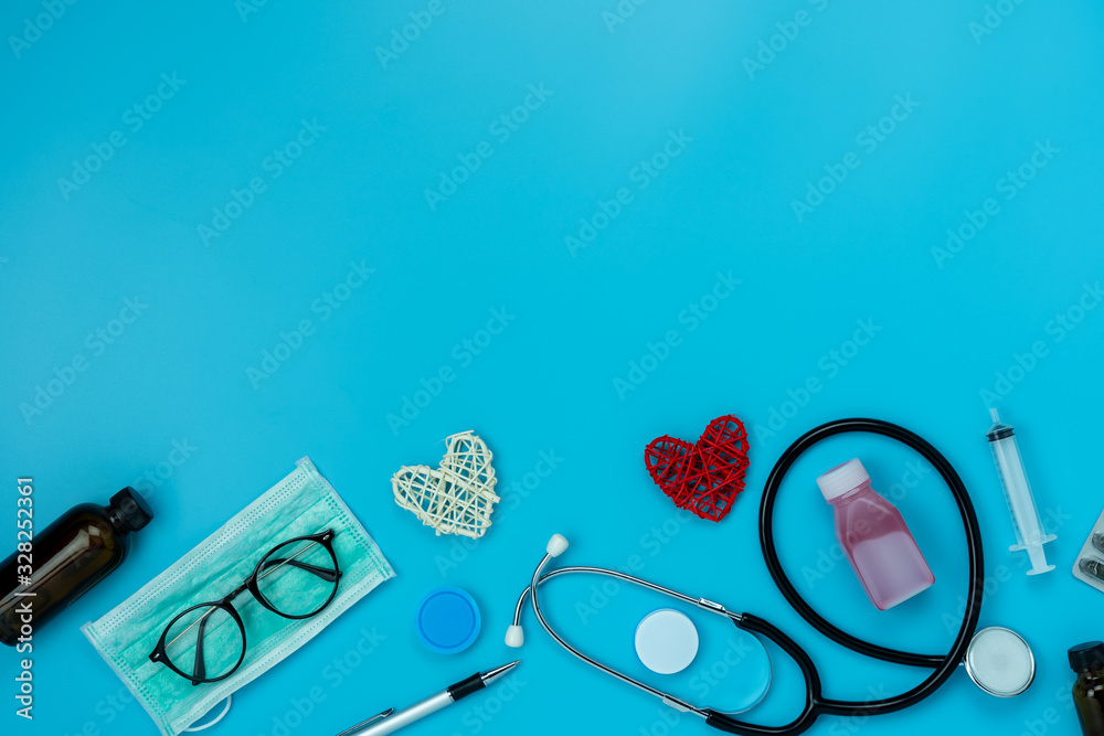 Table top view aerial image of accessories healthcare & medical ...