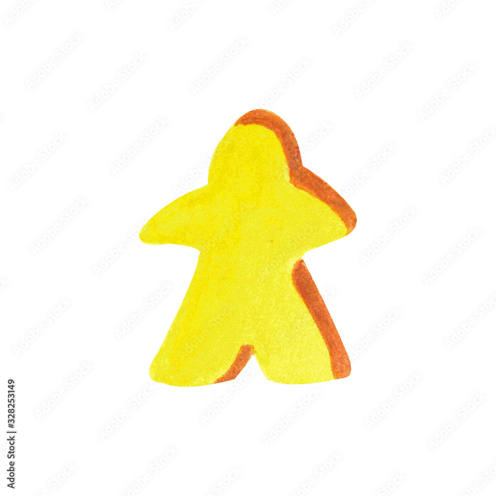 Yellow wooden meeple isolated on white background. Watercolor hand ...