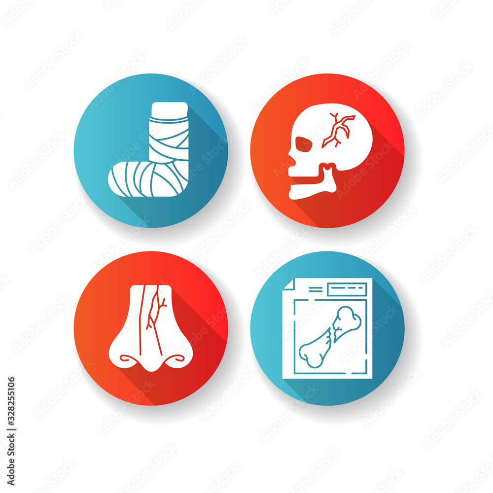 Limb and body injuries flat design long shadow glyph icons set. Broken ...