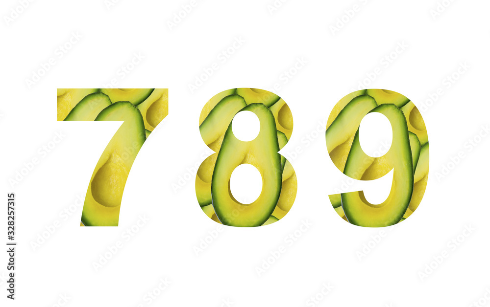 Numbers " 789 " avocado texture isolated on white background ...