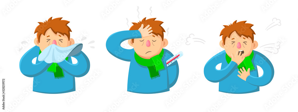 Set of sick man feeling unwell, cough, fever and runny nose. Vector ...