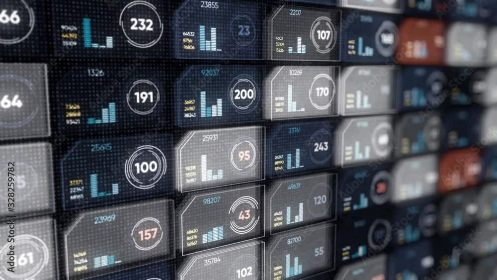 Digital display with colorful rows of small same size microchips with ...