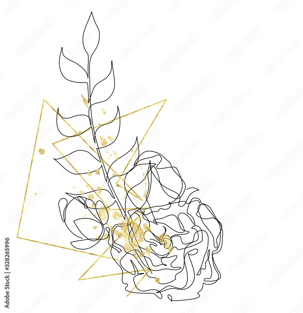 Hand drawn line art and gold texture flower, leaves and geometric shape ...