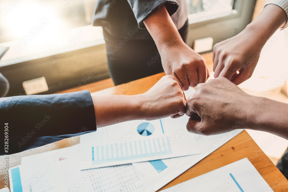 Teamwork Success. Business people group team happy showing teamwork and ...